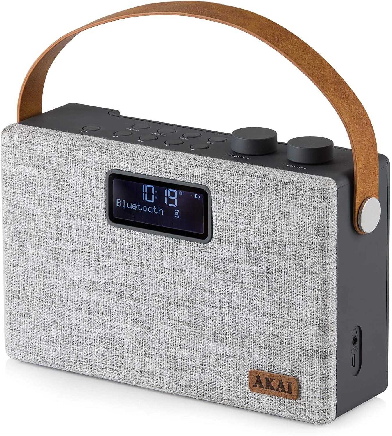 Akai Portable Rechargeable FM/DAB Radio with Bluetooth 5W Speaker - Gr ...